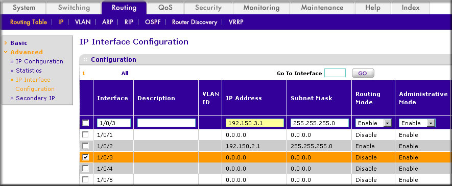 How do I enable routing and assigning IP addresses for ports 1/0/2 and 1/0/3 using the web ...
